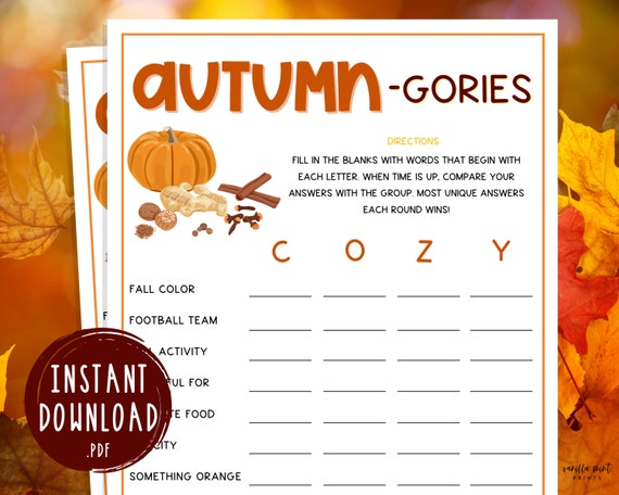 Autumn-gories Fall Scattergories Printable Party Games - Etsy