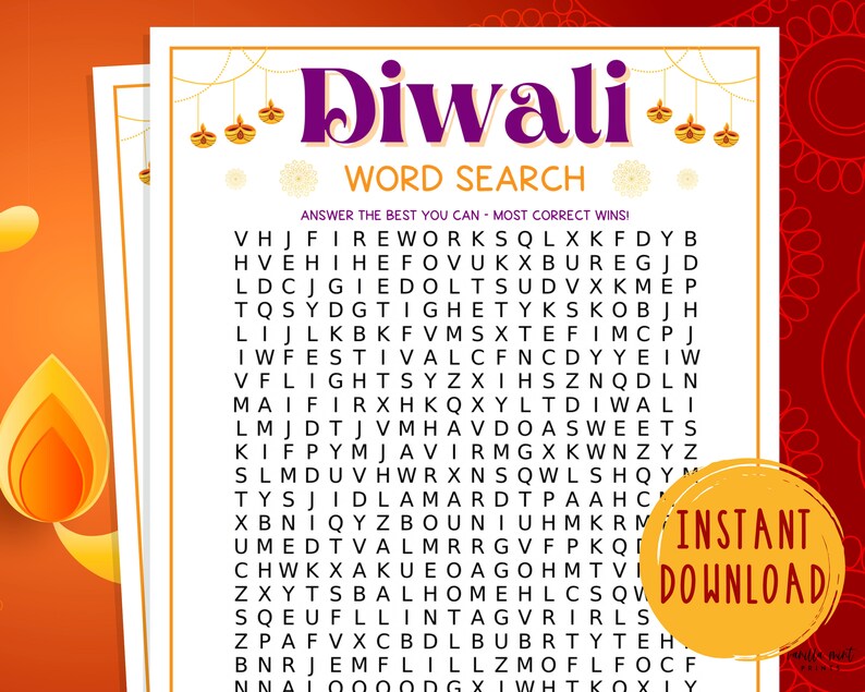 Diwali Word Search Printable Festival of Lights Party Games - Etsy