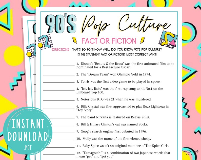 1990's Trivia 90s Pop Culture Trivia Fact or Fiction - Etsy
