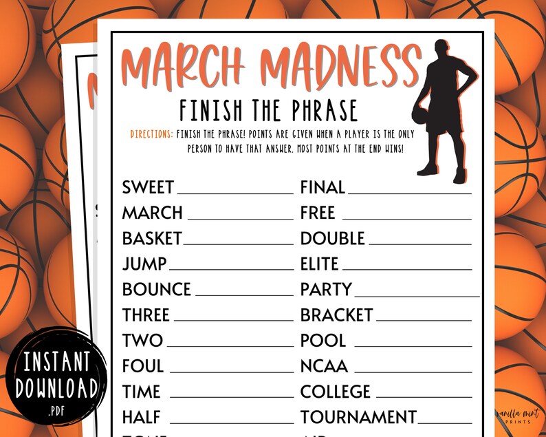 March Madness Finish the Phrase Game Printable March Madness | Etsy
