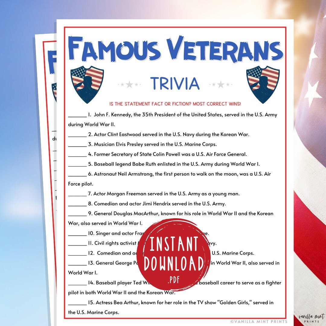Veterans Day Famous Veterans Trivia Game | Printable Veterans Day Games ...