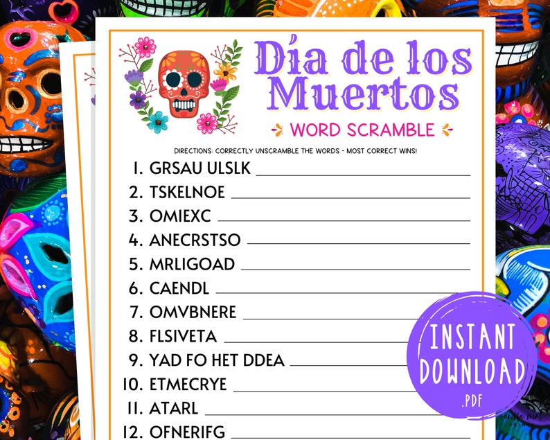 Día De Los Muertos Word Scramble Printable Day of the Dead - Etsy