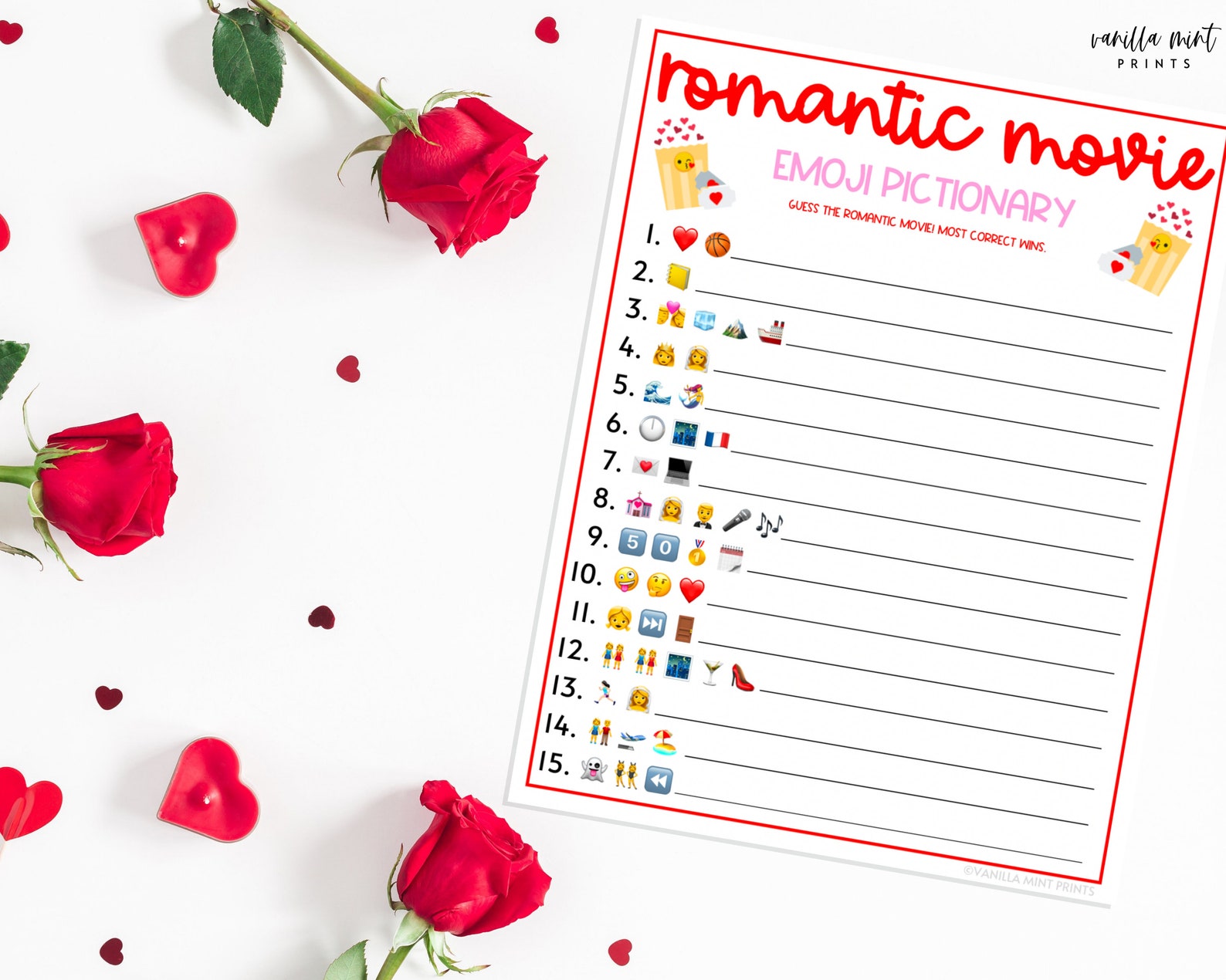 Valentine's Day Romantic Movie Emoji Pictionary Game Rom Com Fun ...