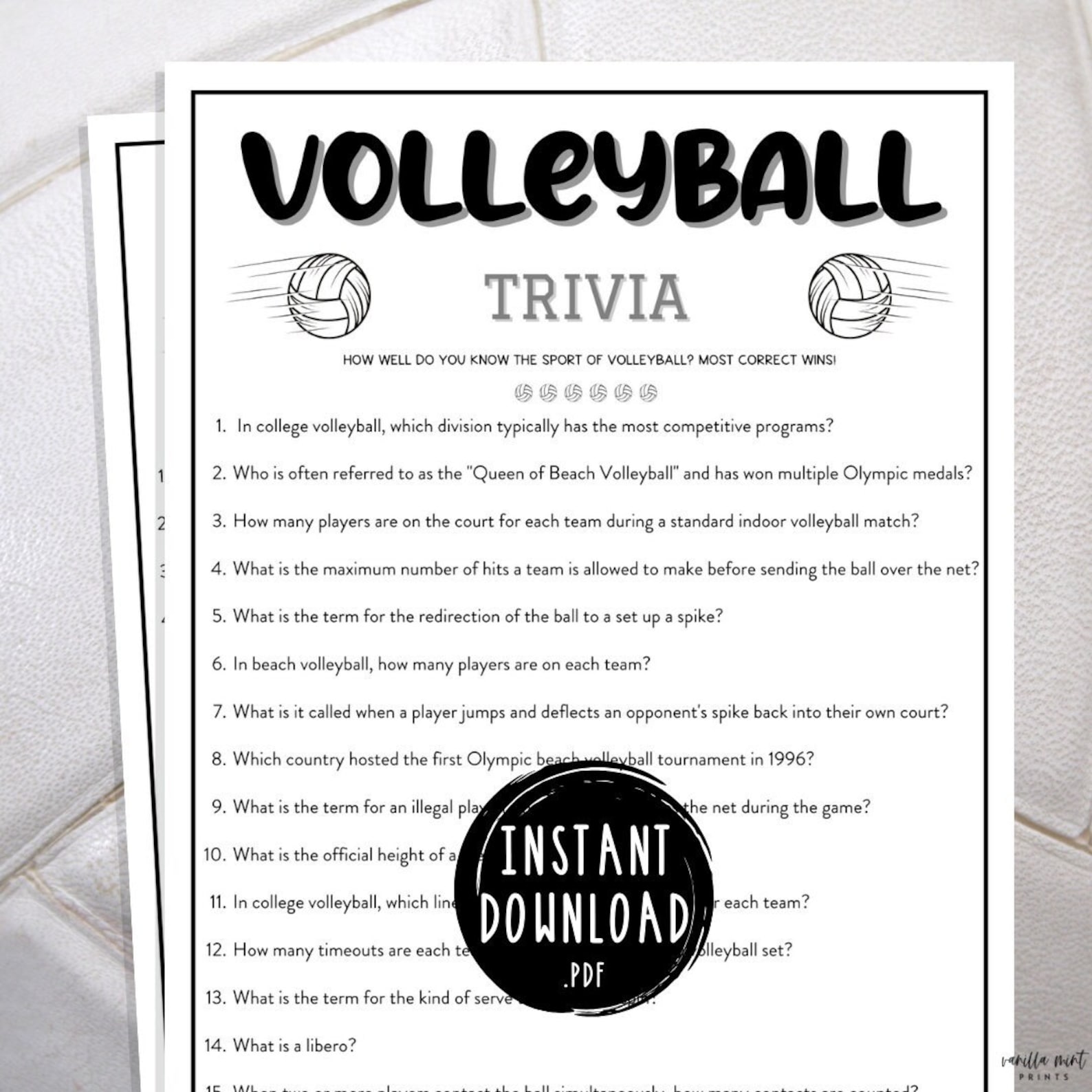Volleyball Trivia Game Printable Volleyball Team Party Games Travel ...