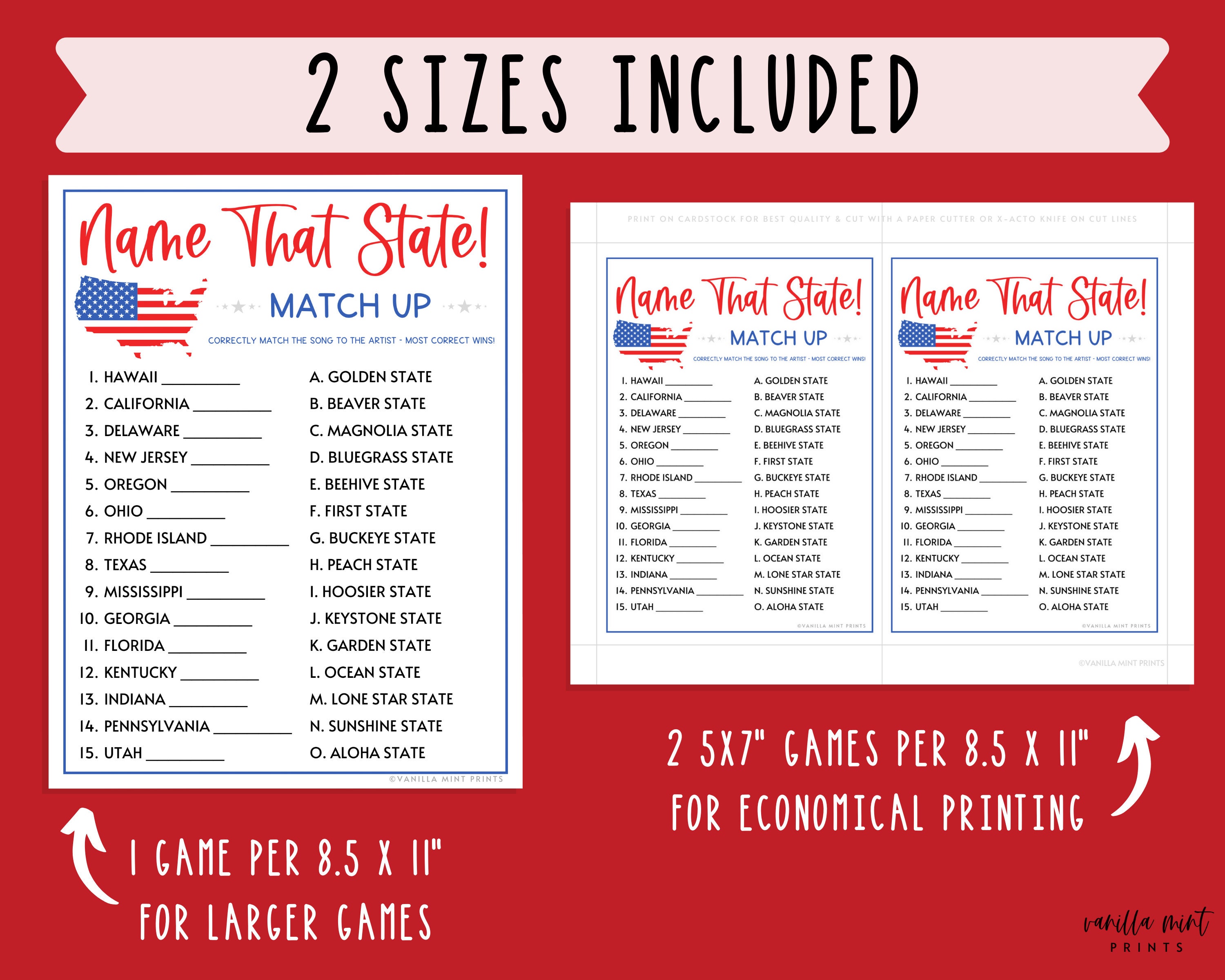 Patriotic Name That State Nickname Match up Game Printable - Etsy