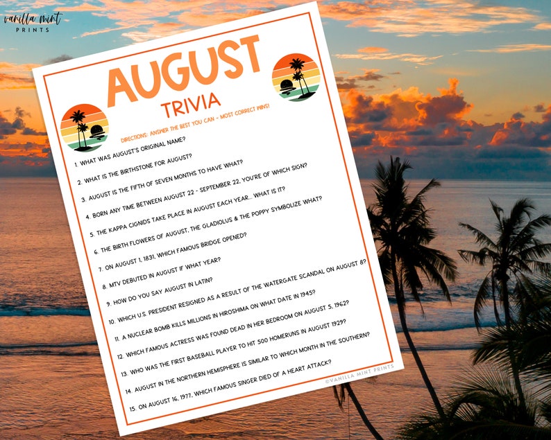 August Trivia Game Printable Month Party Games Summertime - Etsy