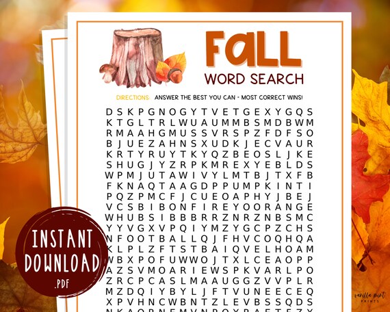 Fall Word Search Printable Autumn Party Games Fall Time | Etsy