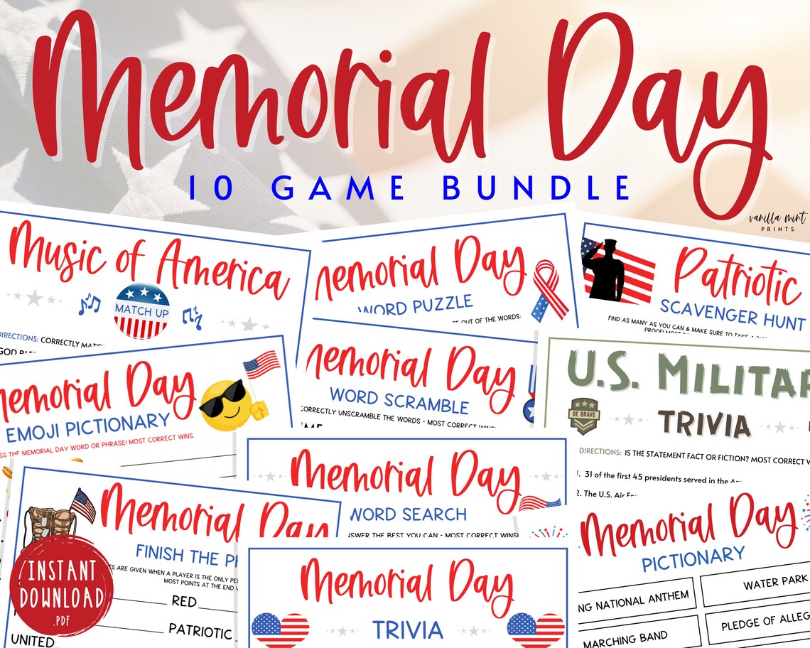 Memorial Day 10 Game BUNDLE Printable Memorial Day Party - Etsy