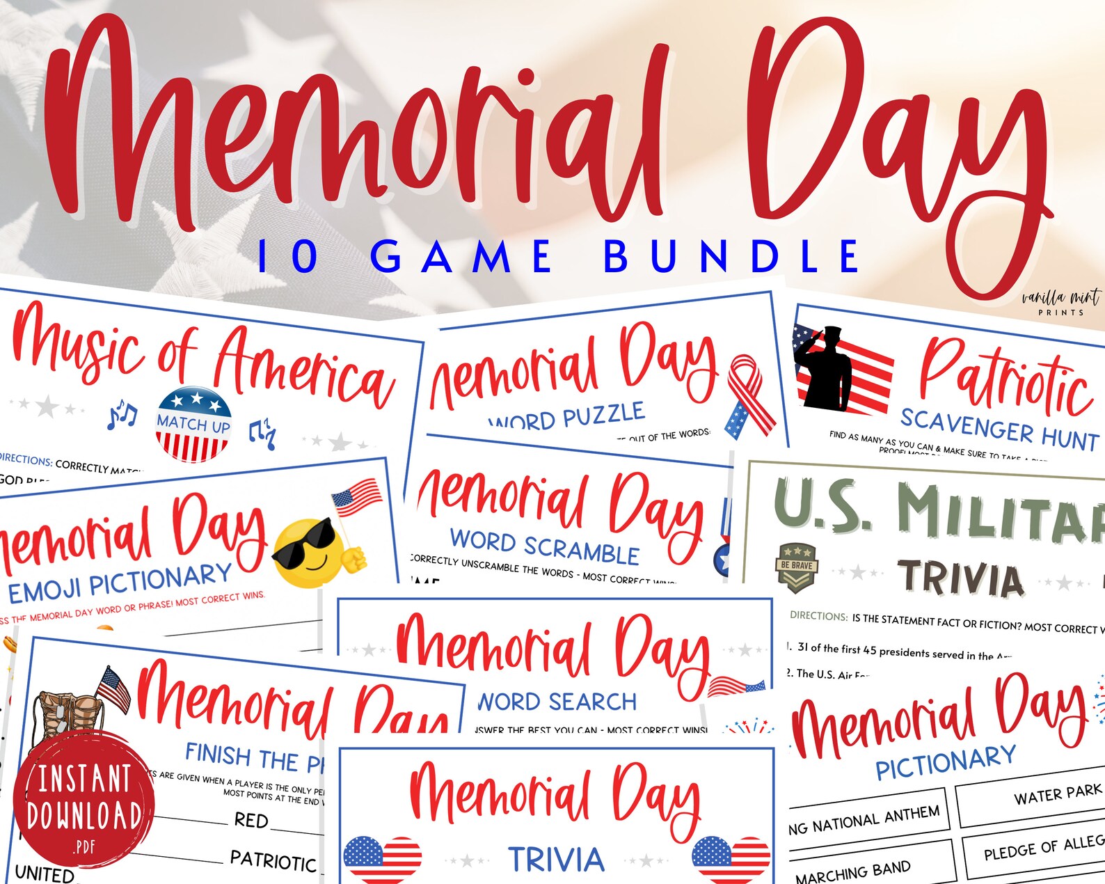 Memorial Day 10 Game BUNDLE Printable Memorial Day Party - Etsy