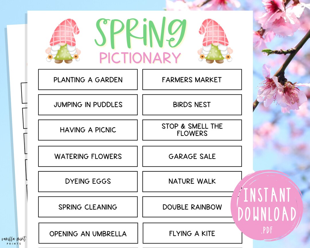 Spring Pictionary Printable Springtime Games Party Games Activities for ...