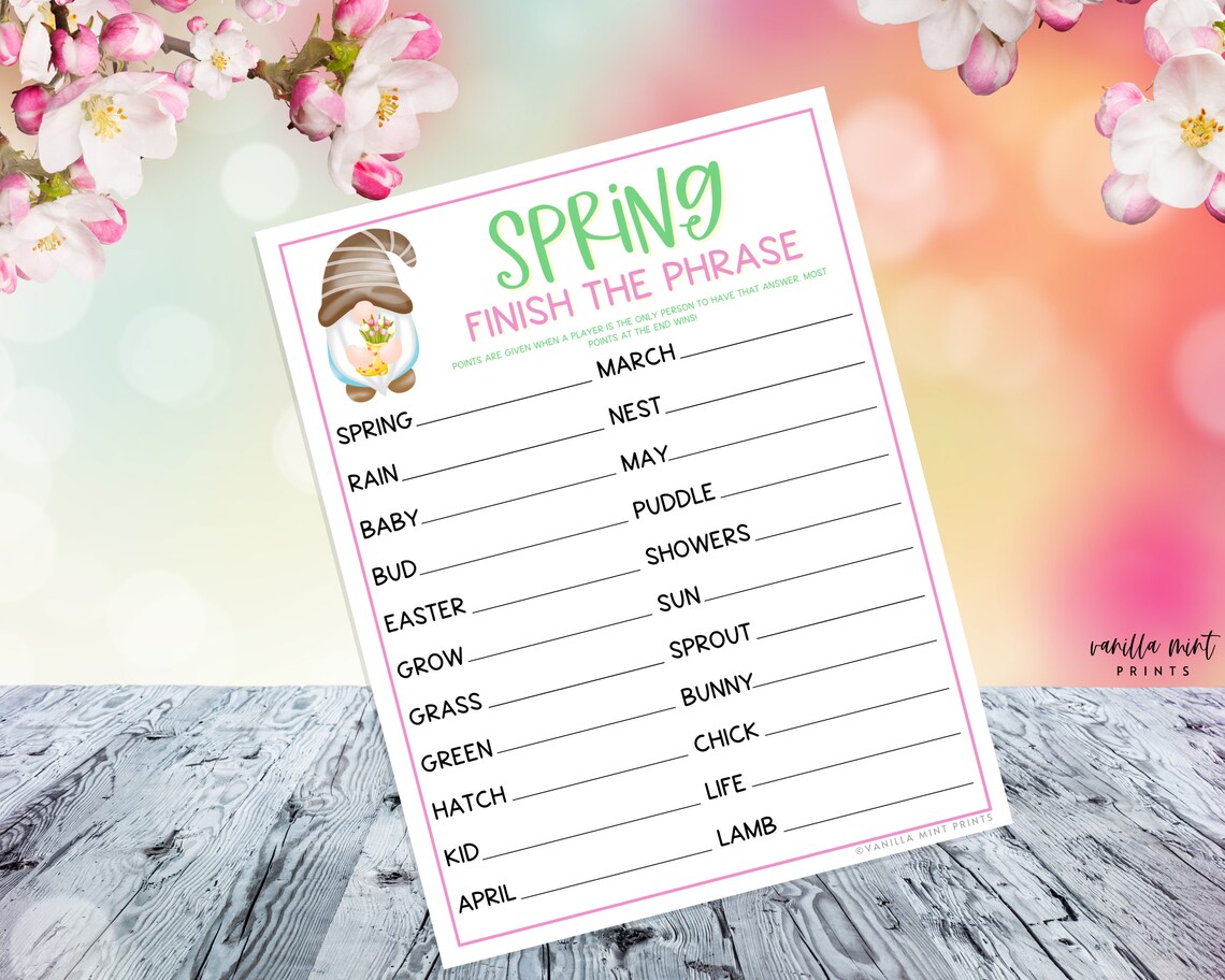 Spring Finish the Phrase Printable Springtime Games Party | Etsy