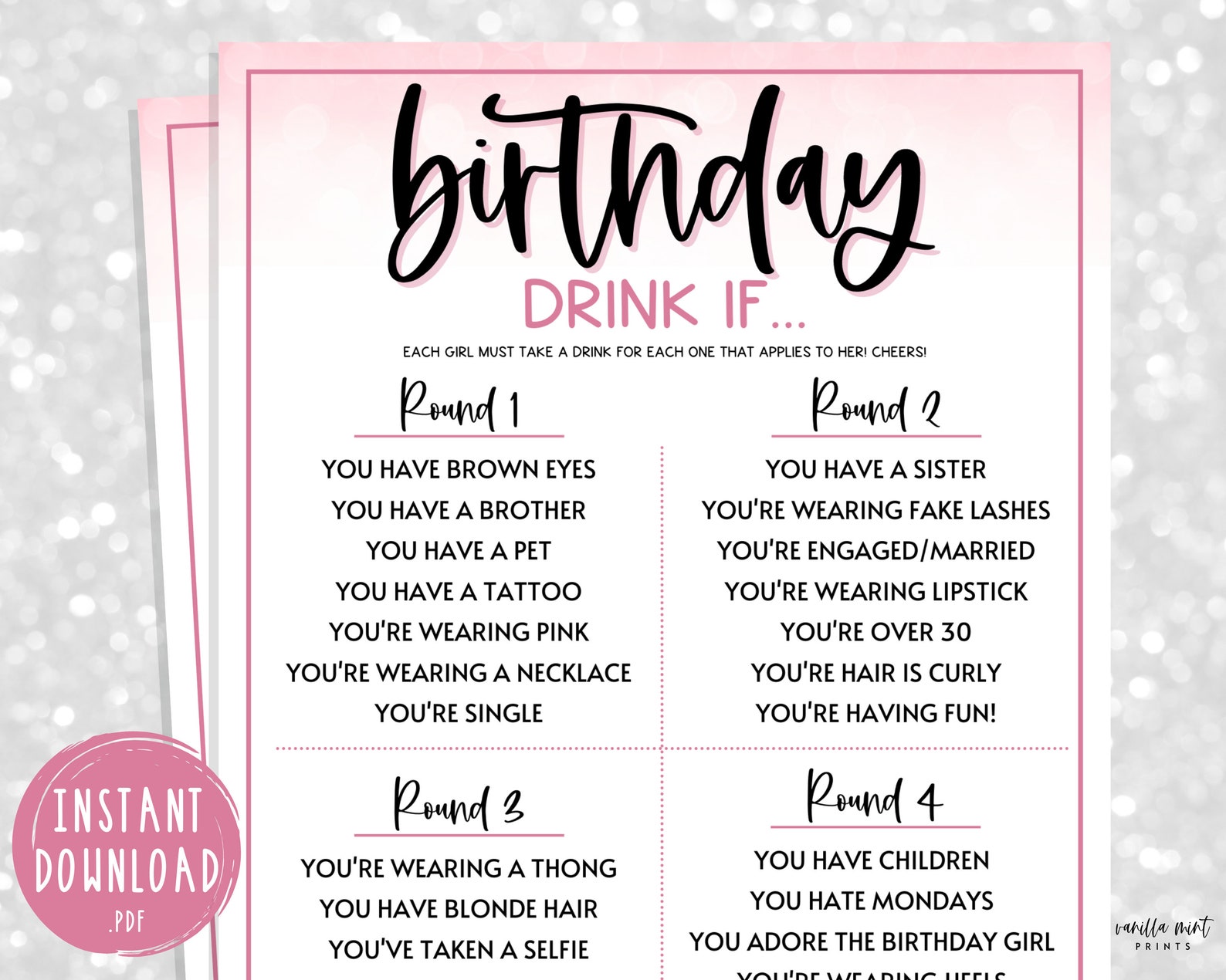 PINK Adult Birthday Party Games Birthday Drink If Party Game - Etsy