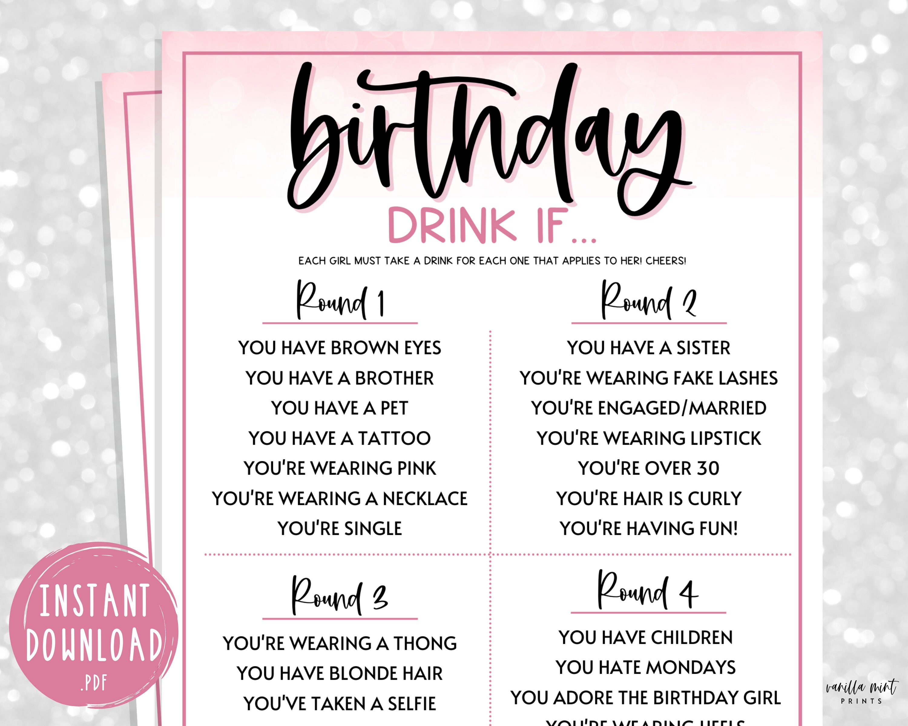 PINK Adult Birthday Party Games Birthday Drink If Party Game - Etsy