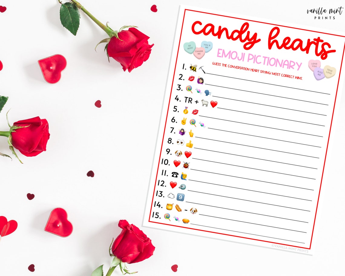 Valentine's Day Candy Hearts Emoji Pictionary Game Fun | Etsy