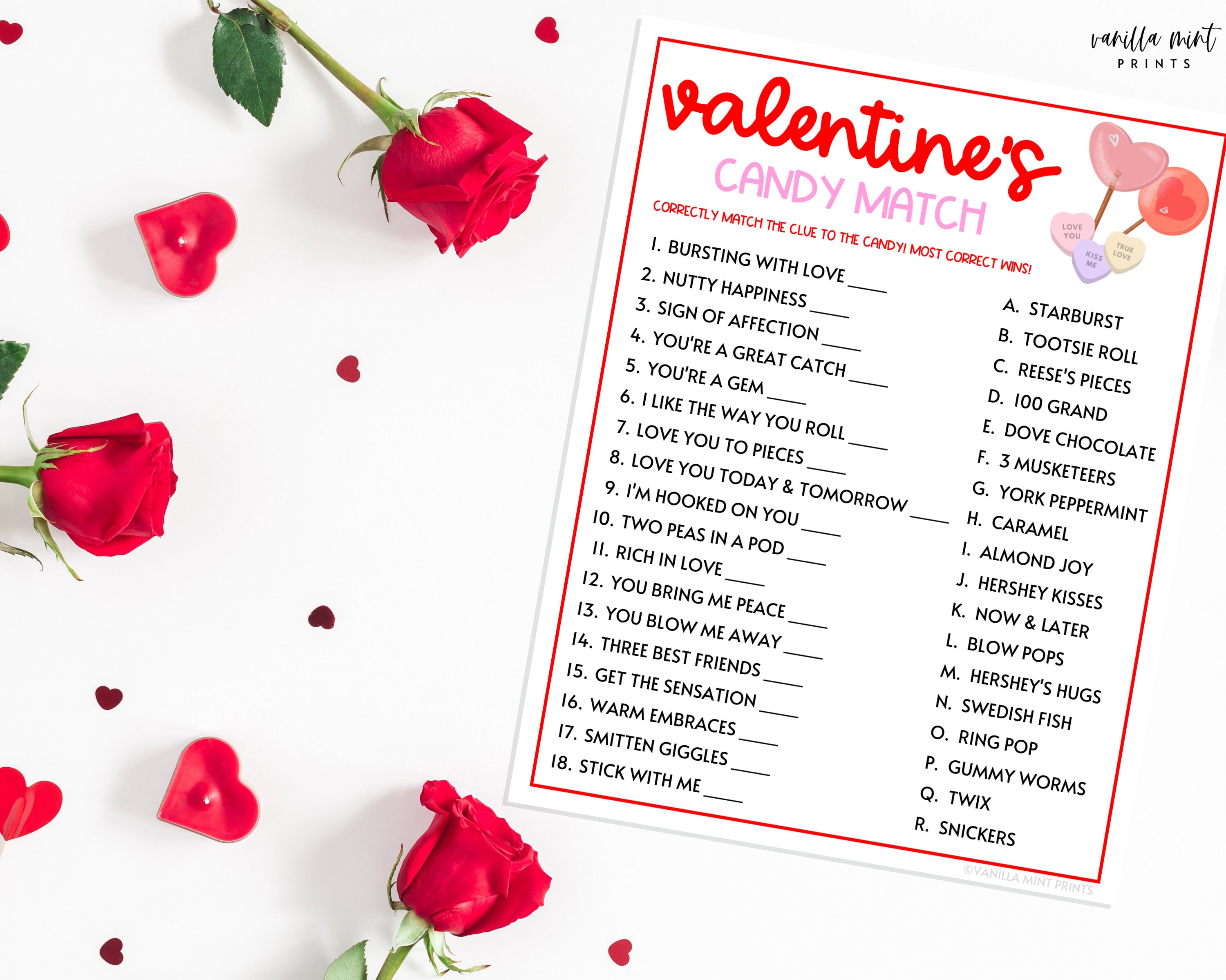 Valentine's Day Candy Match Game Fun Valentine's Day | Etsy