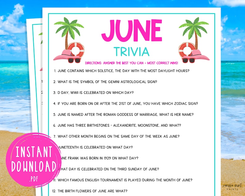 June Trivia Game Printable Month Party Games Summertime - Etsy