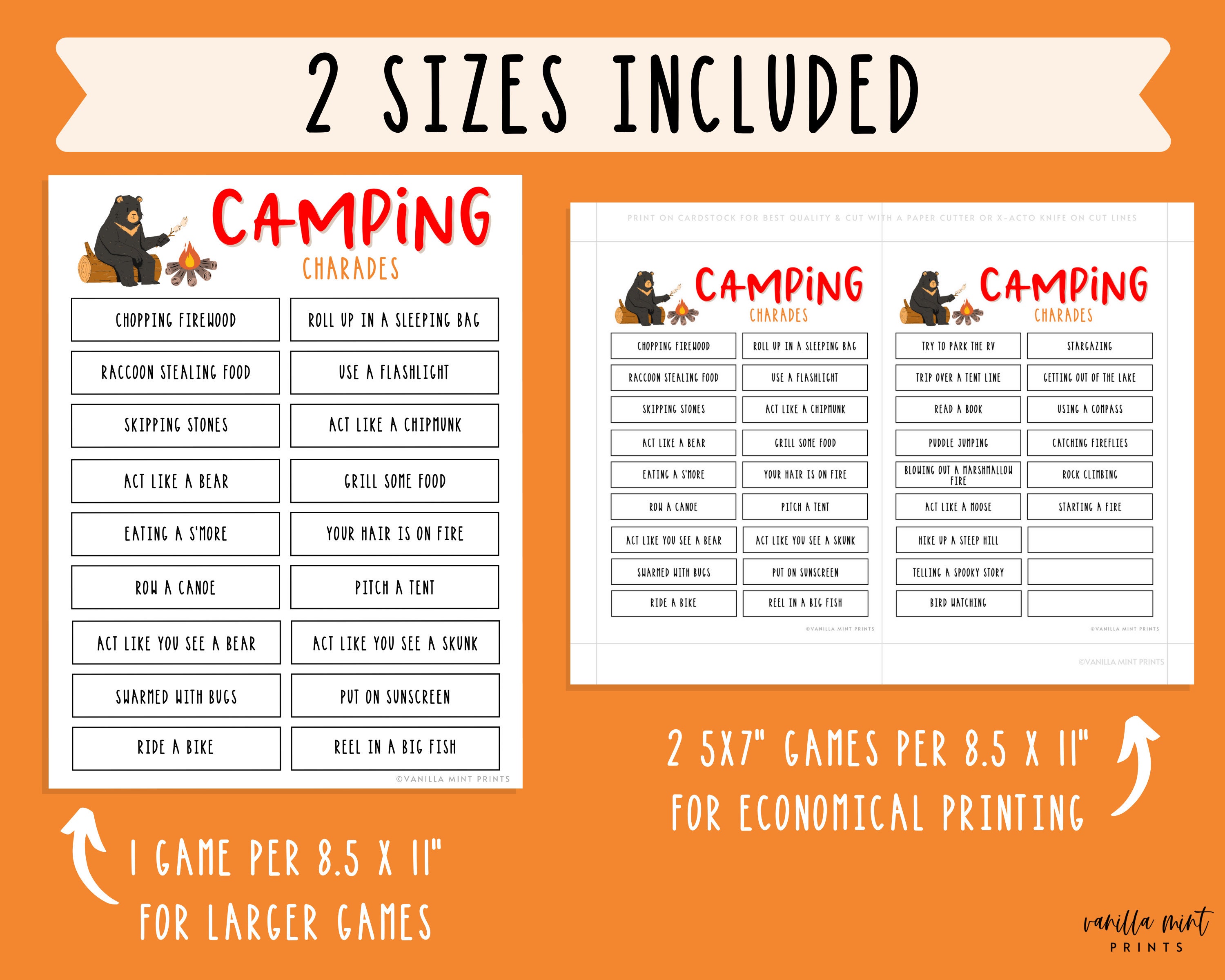 Camping Charades 33 Charade Ideas Printable Campground Party | Etsy