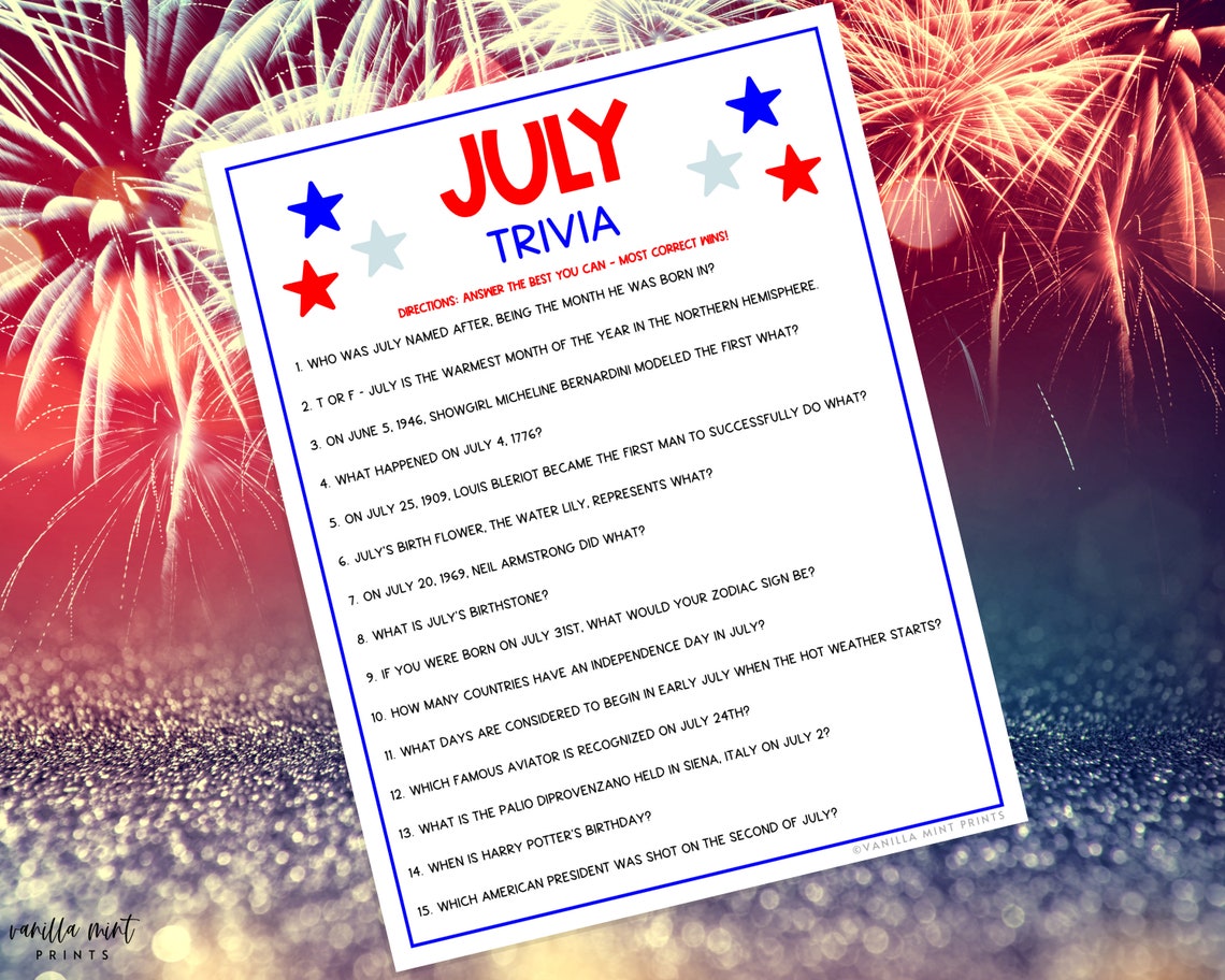 July Trivia Game Printable Month Party Games Summertime - Etsy