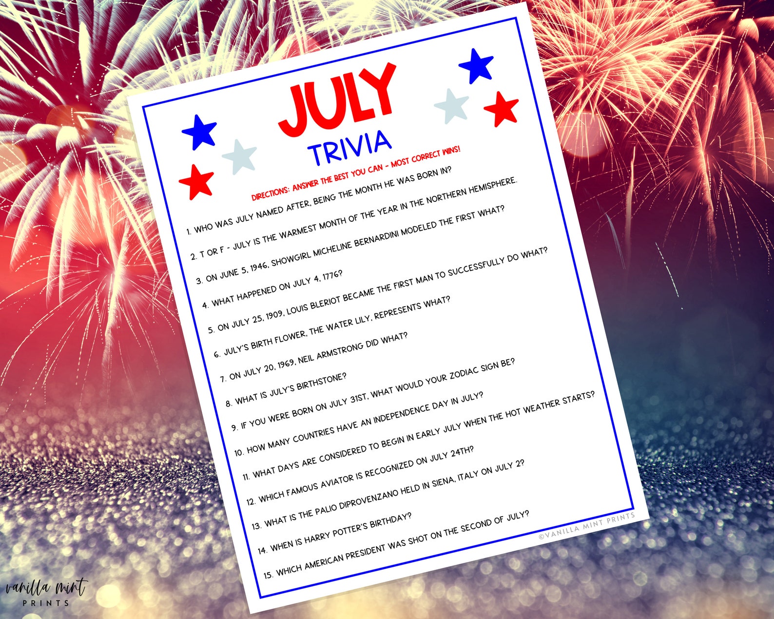 July Trivia Game Printable Month Party Games Summertime - Etsy