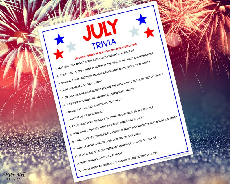 July Trivia Game Printable Month Party Games Summertime - Etsy