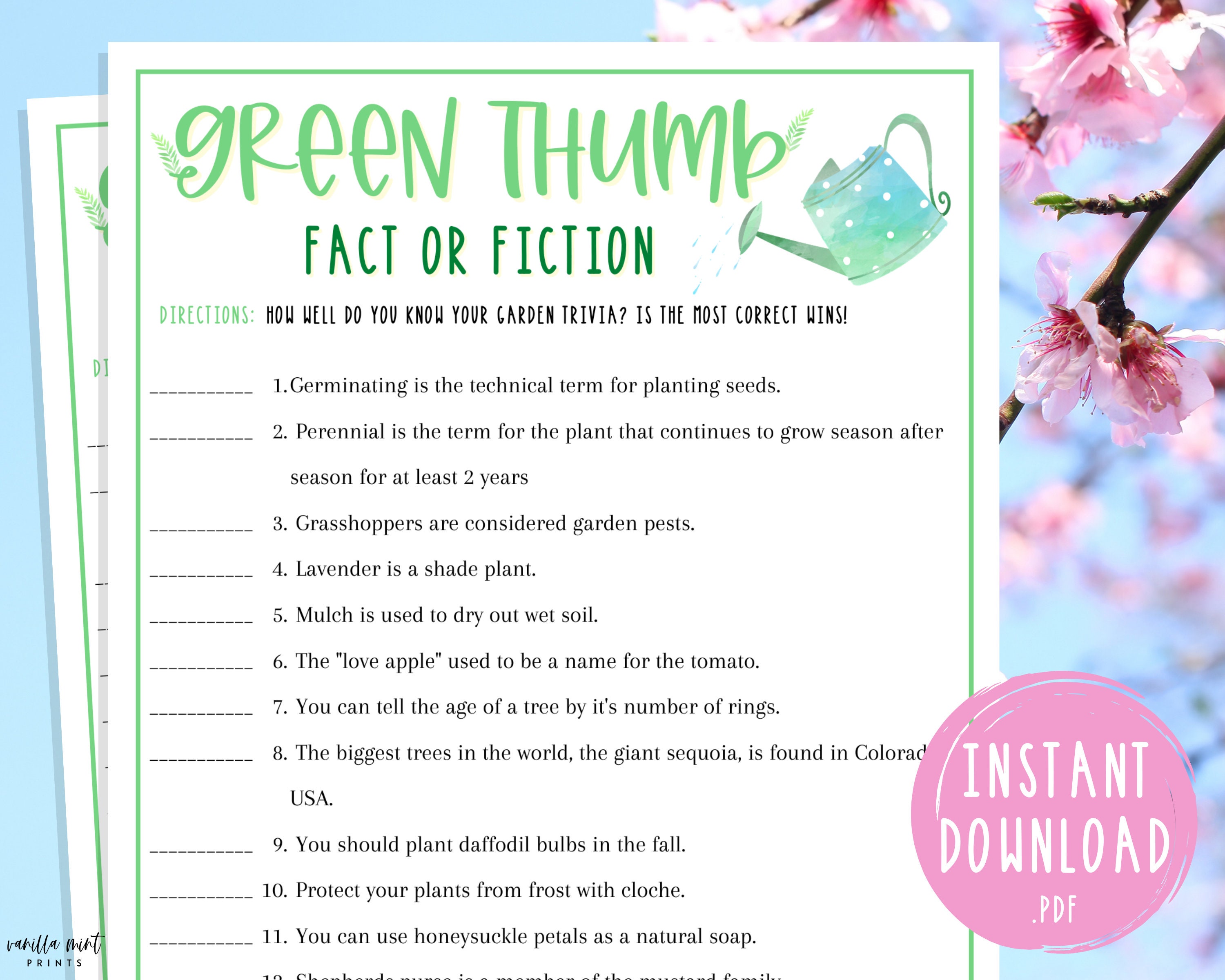 Spring Green Thumb Trivia Game Gardening Trivia Fact or | Etsy