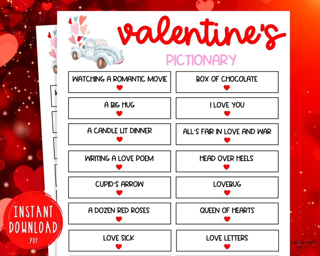 Valentine's Day Pictionary Game Fun Valentine's Day Printable Party ...