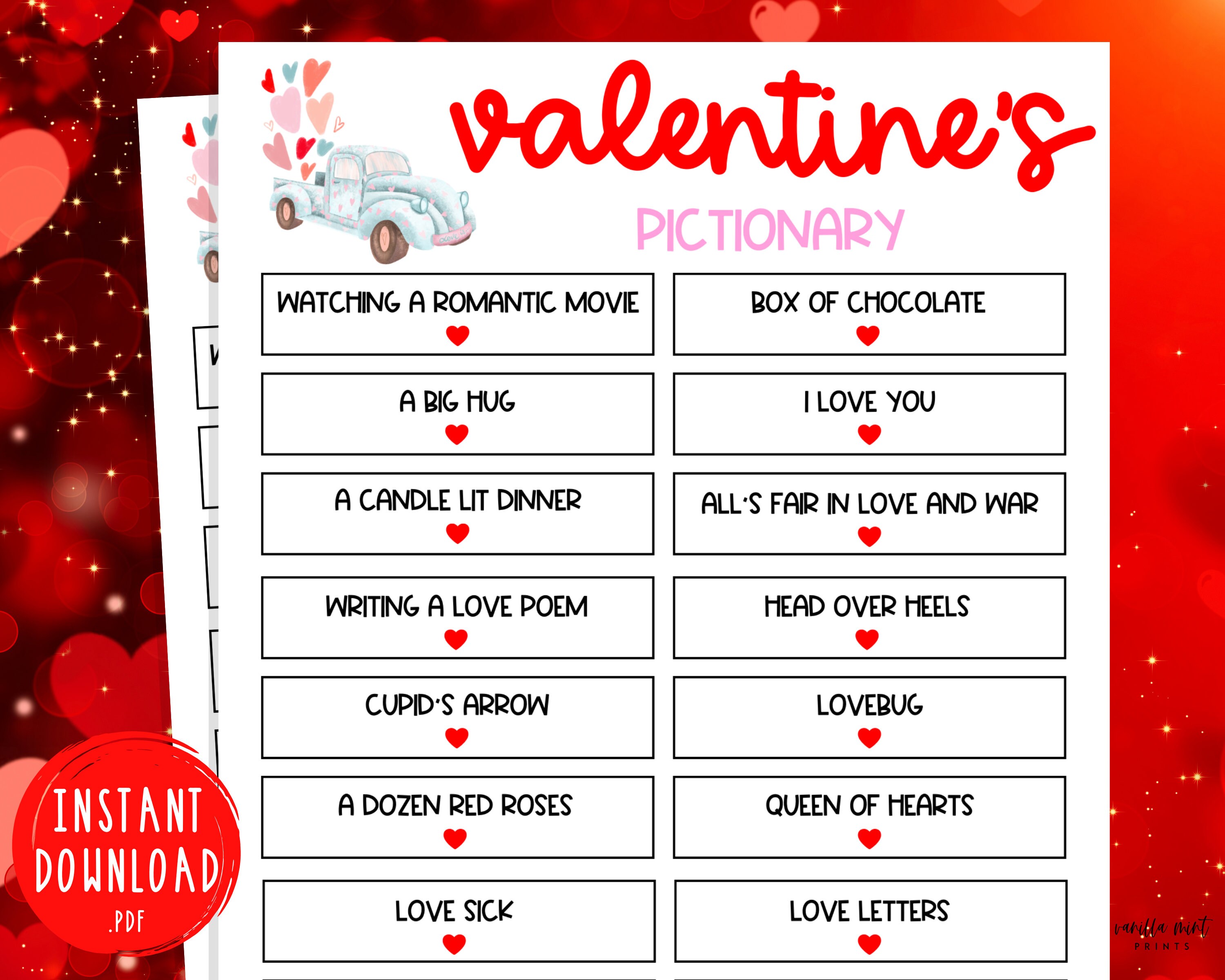 Valentine's Day Pictionary Game Fun Valentine's Day | Etsy