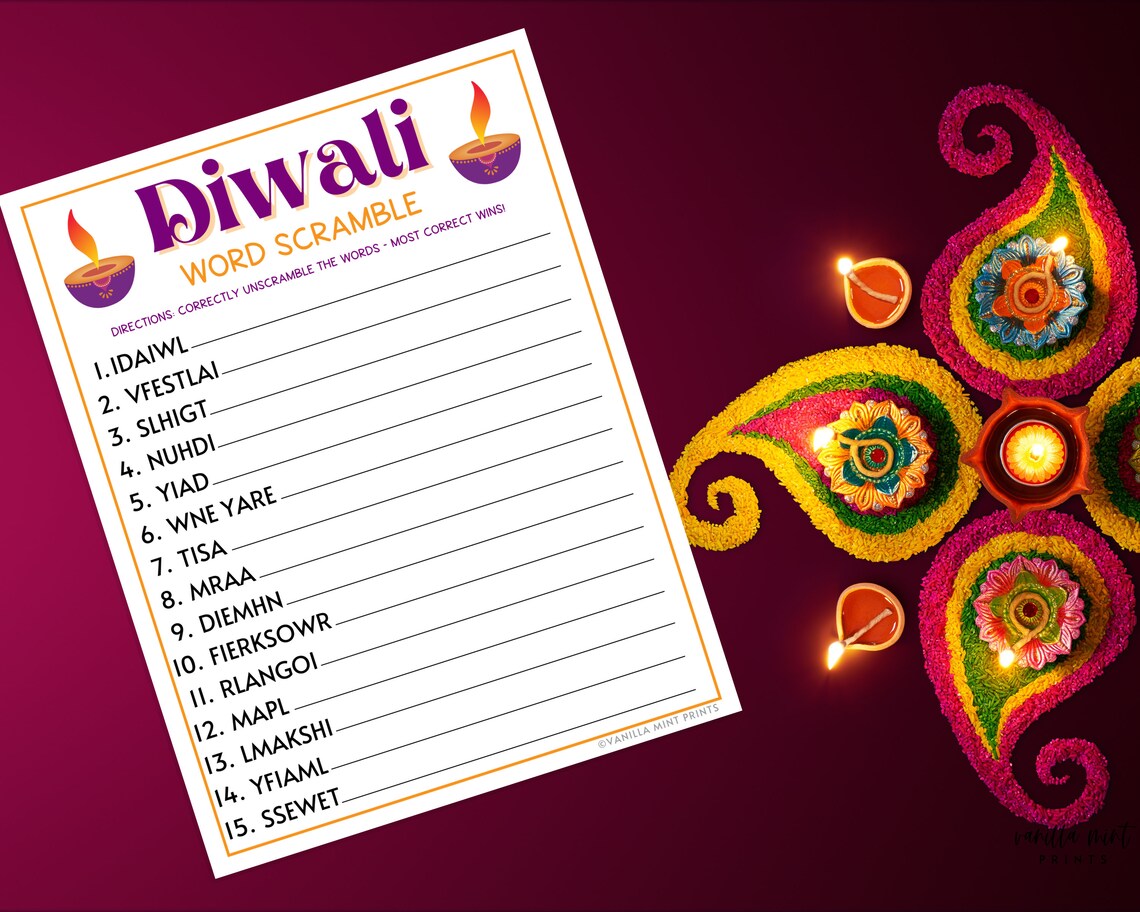 Diwali Word Scramble Game Printable Festival of Lights Party - Etsy