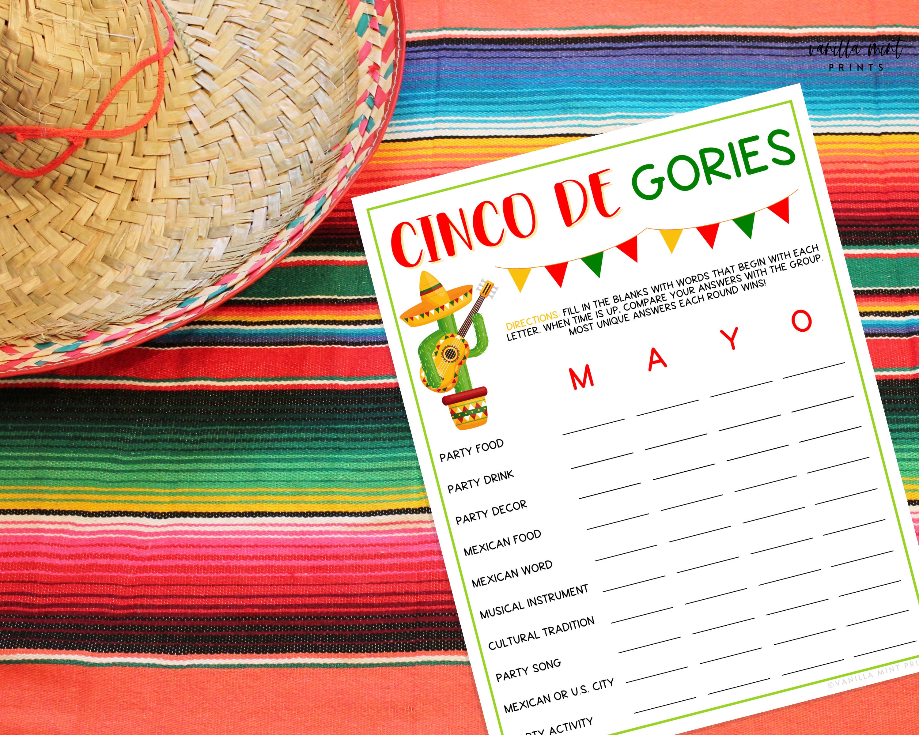 Cinco De Mayo Scattergories Game Word Game Mexican Party - Etsy