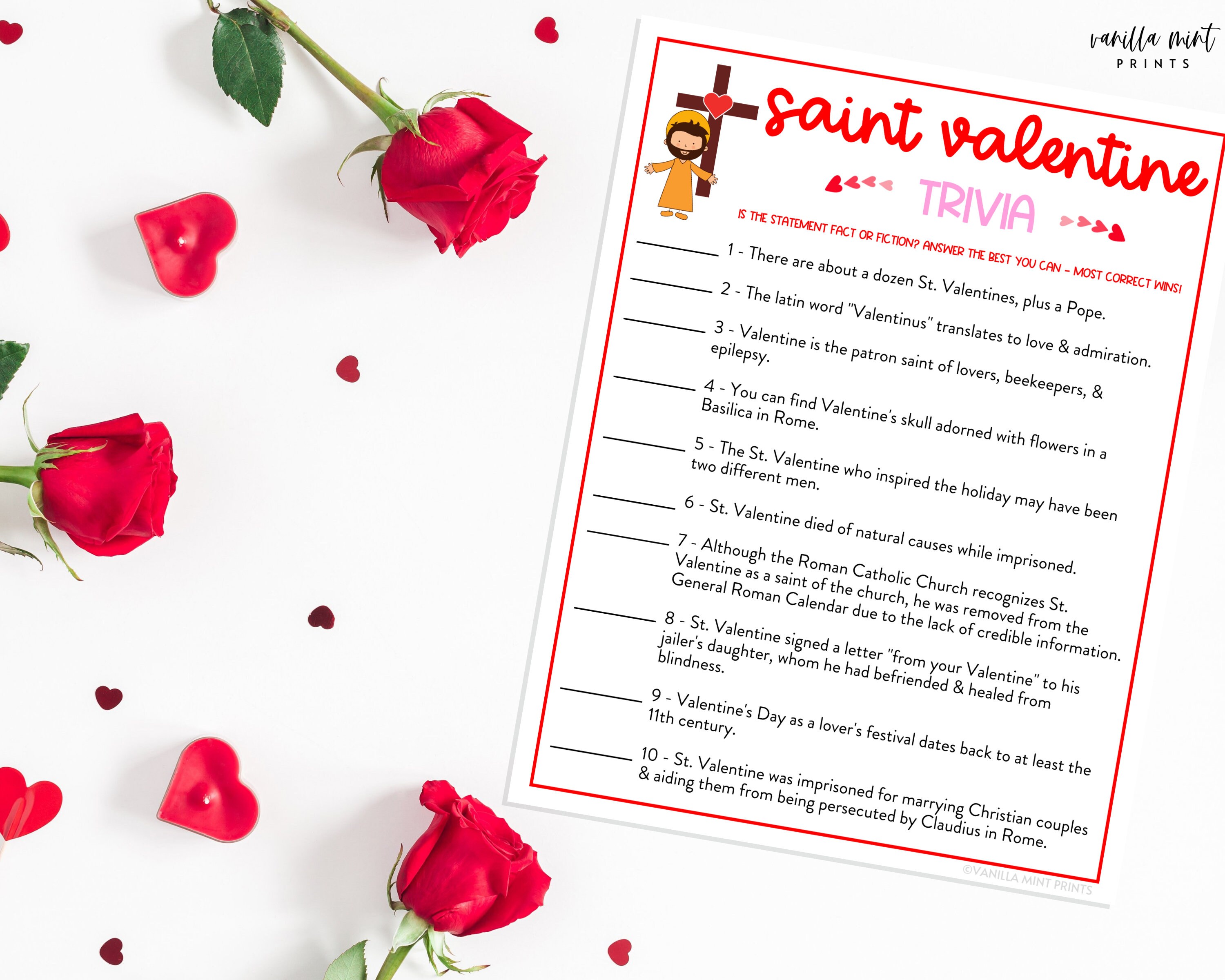 Valentine's Day Saint Valentine Trivia Game Valentine - Etsy