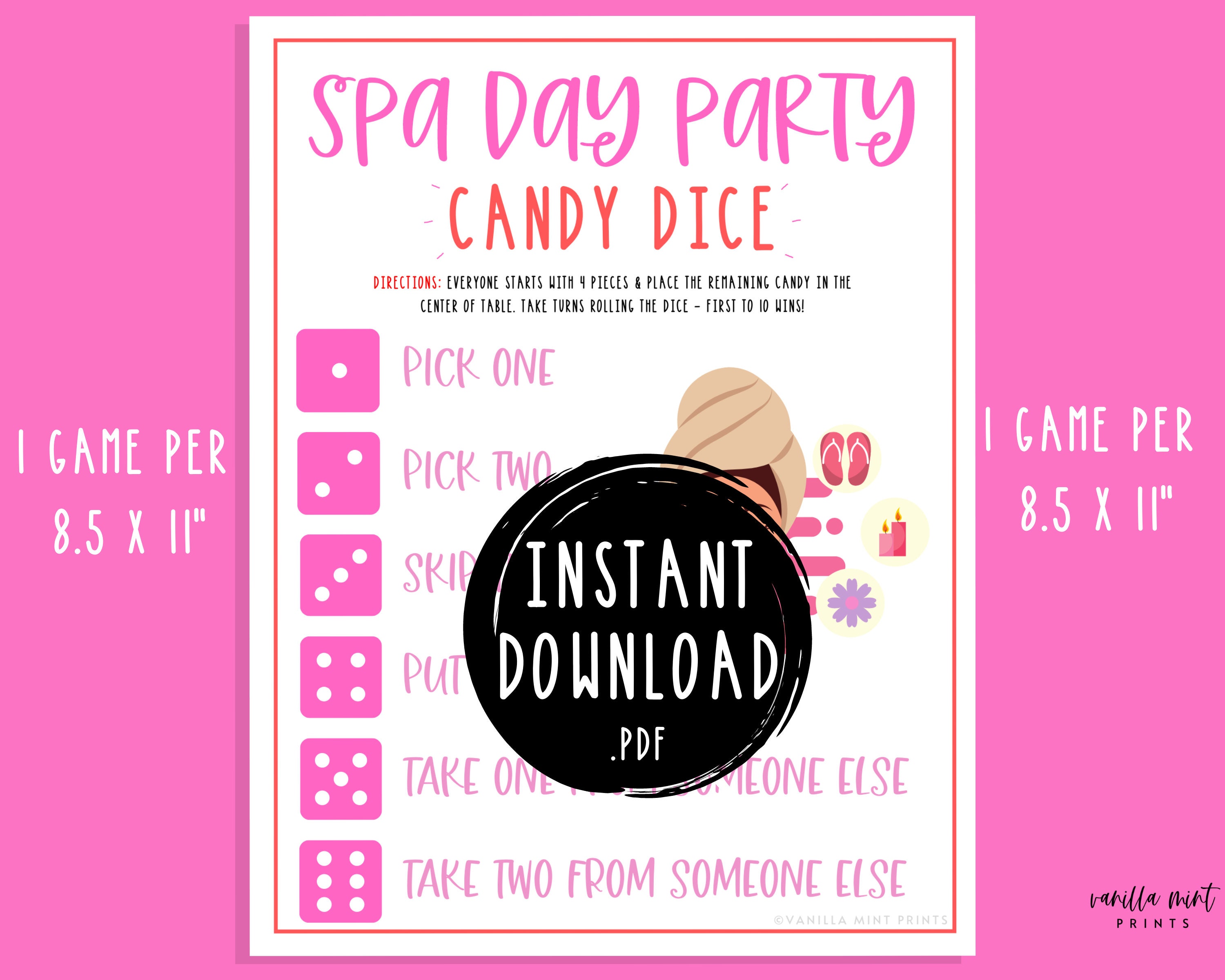 Spa Day Party Candy Dice Game Girl's Birthday Party | Etsy