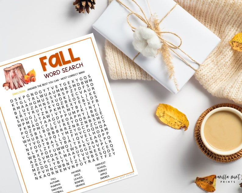 Fall Word Search Printable Autumn Party Games Fall Time - Etsy