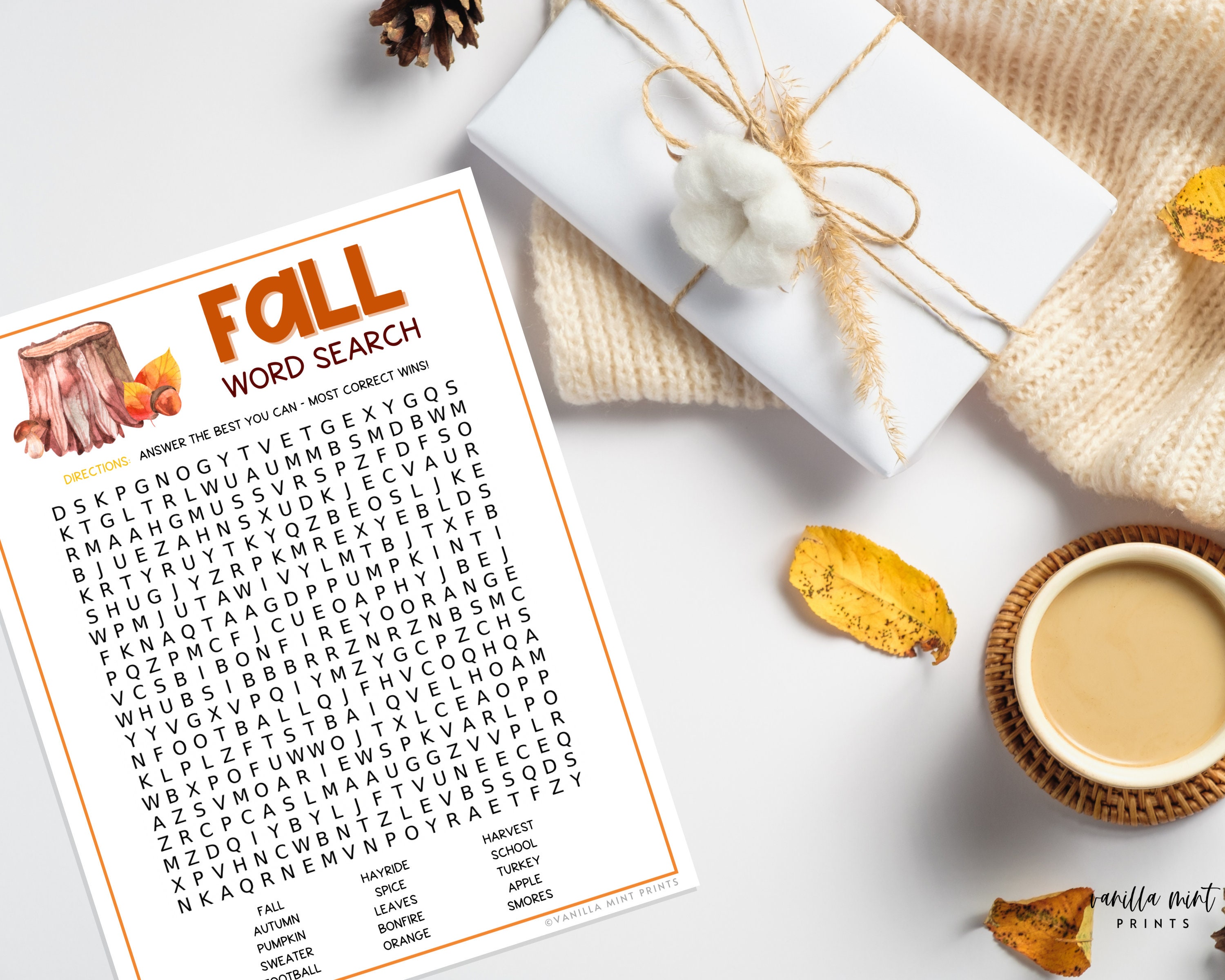 Fall Word Search Printable Autumn Party Games Fall Time | Etsy