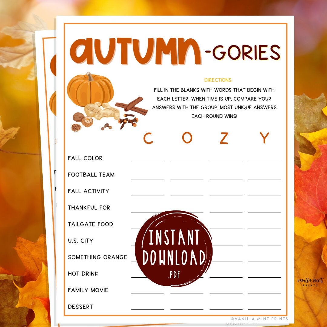 Autumn-gories Fall Scattergories | Printable Party Games | Fall Time ...