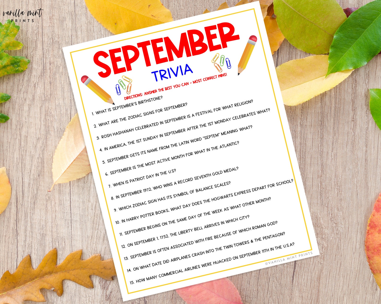 September Trivia Game Printable Month Party Games Fall - Etsy