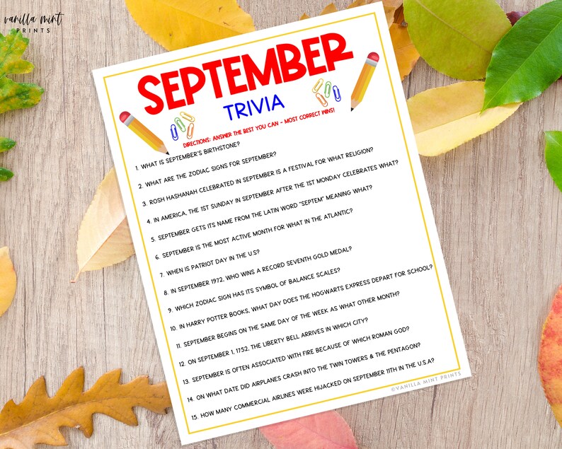 September Trivia Game Printable Month Party Games Fall - Etsy