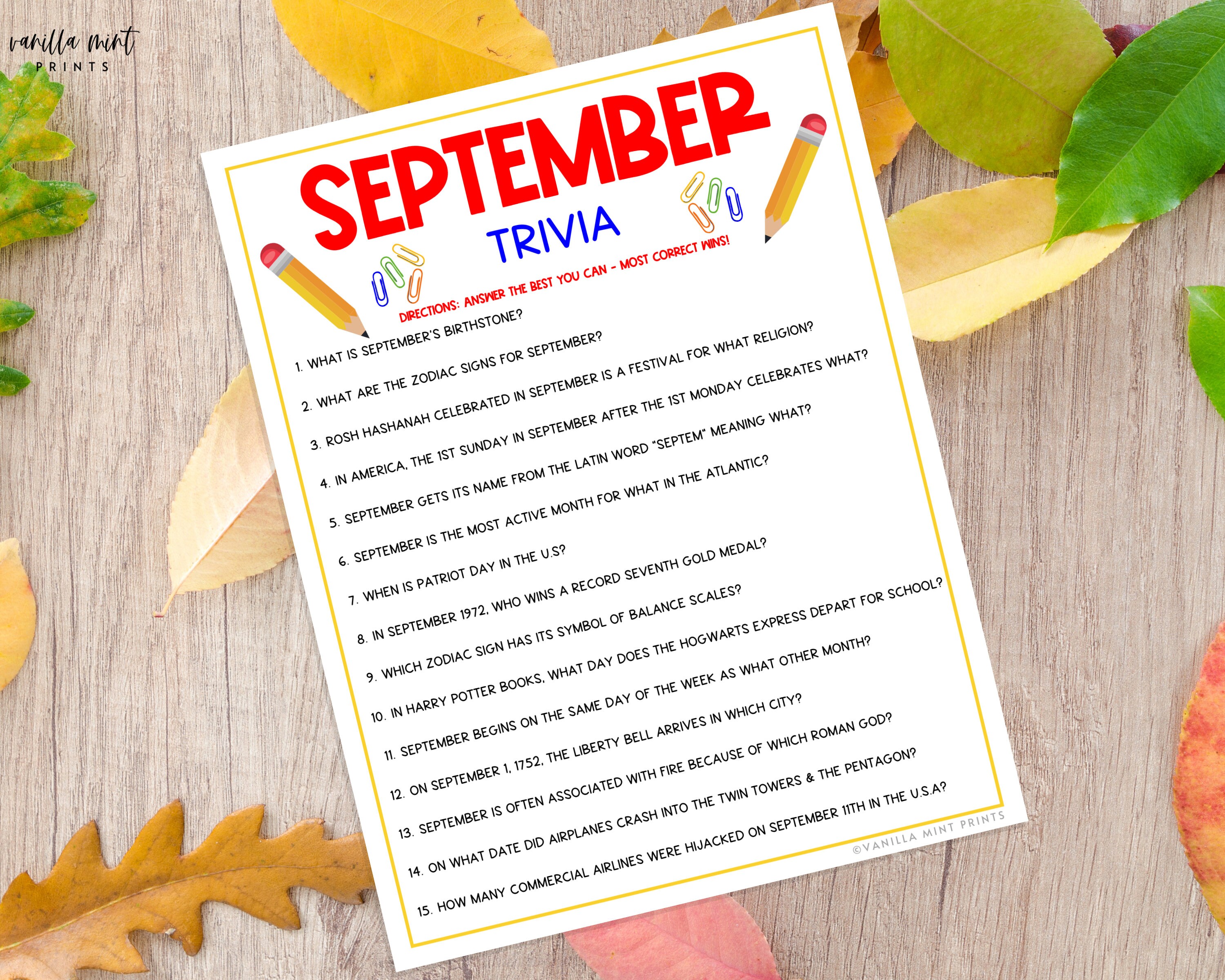 September Trivia Game Printable Month Party Games Fall - Etsy