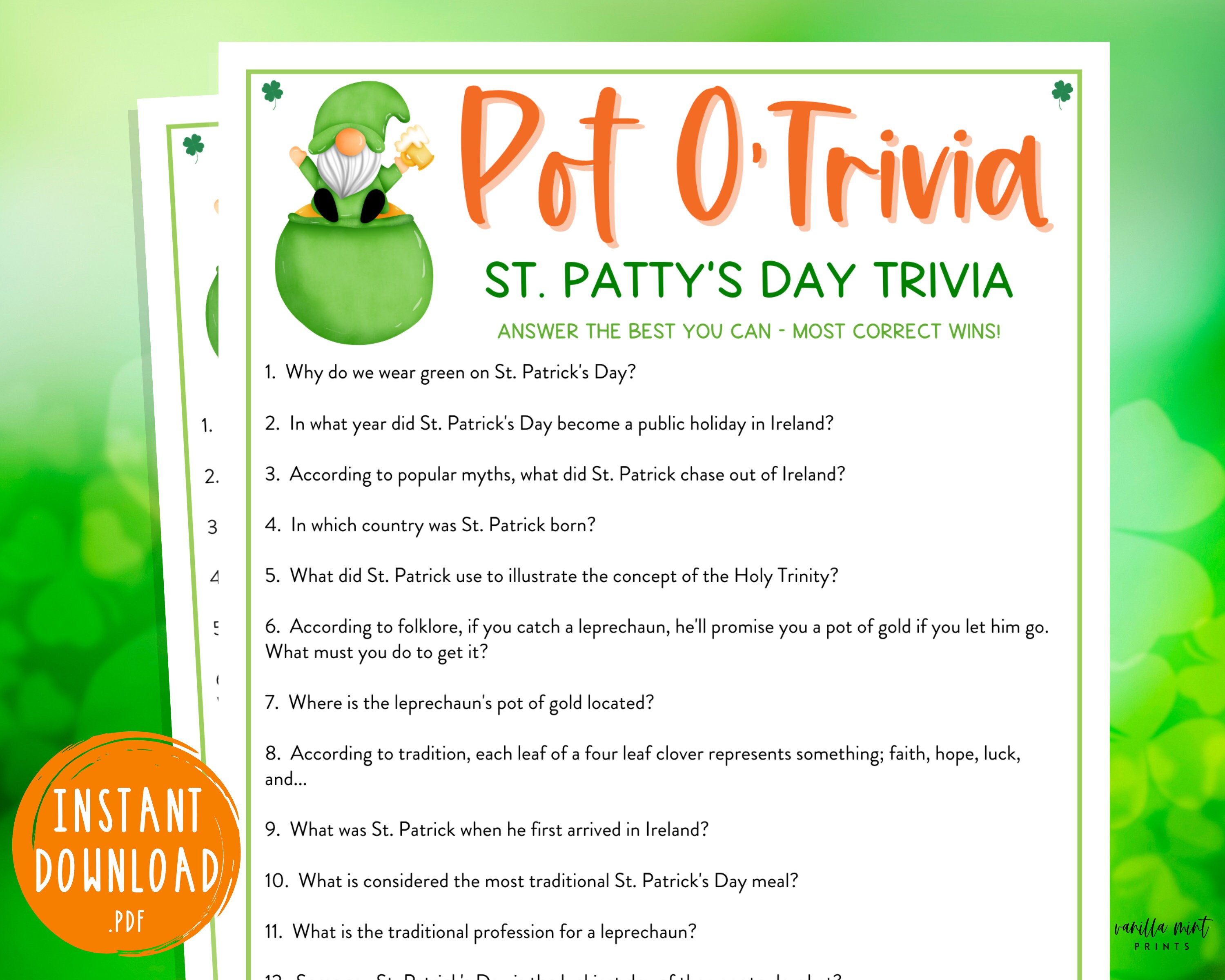 St. Patrick's Day Trivia Game Pot O' Trivia - Etsy
