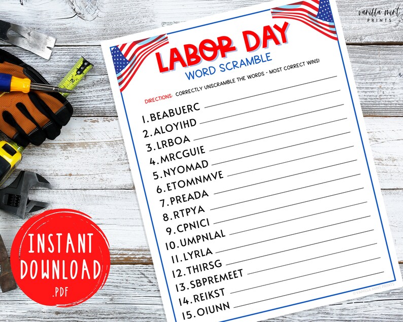Labor Day Word Scramble Game Labor Day Printable Games - Etsy