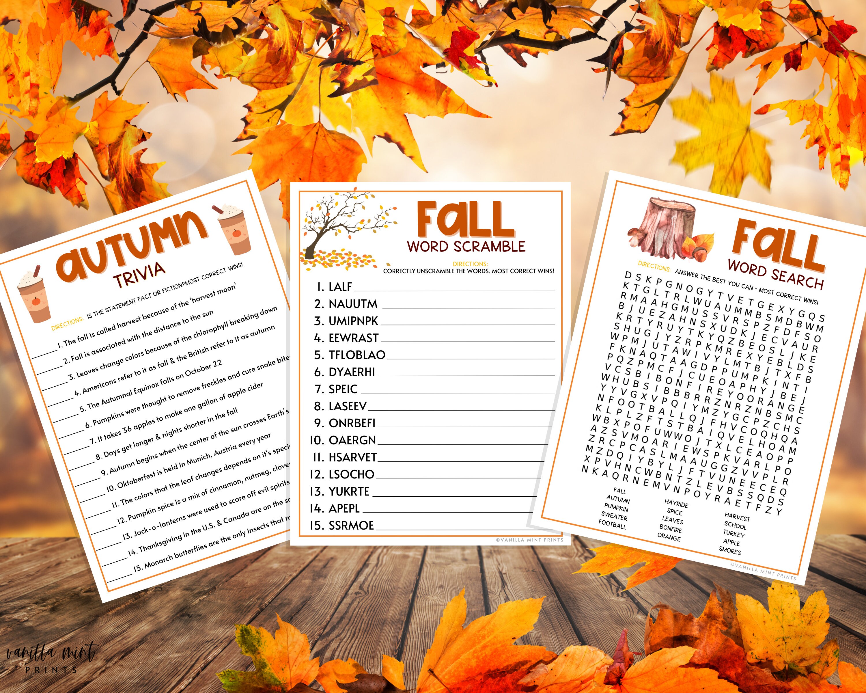 Fall 10 Game BUNDLE Printable Autumn Game Bundle Fall Time | Etsy