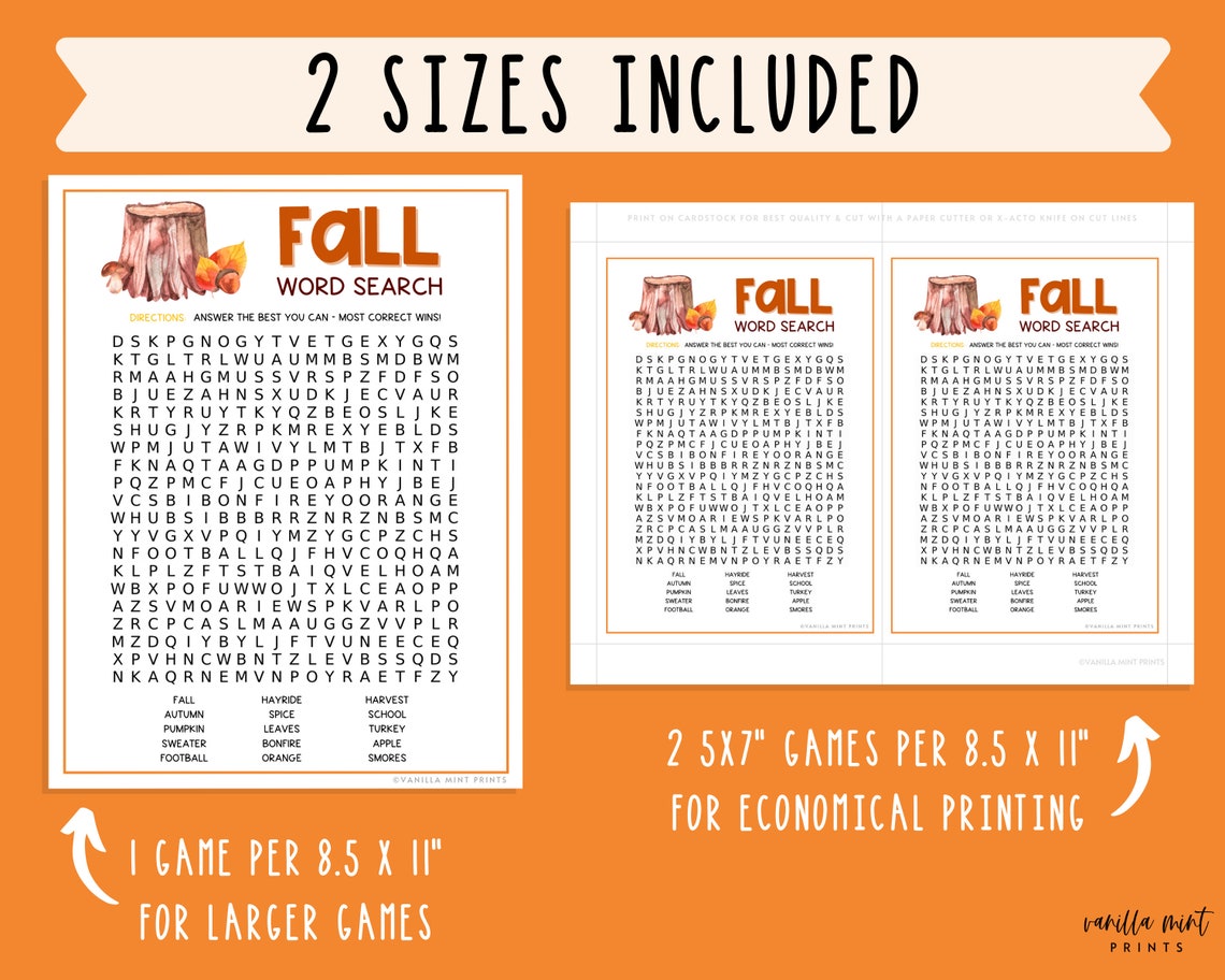 Fall Word Search Printable Autumn Party Games Fall Time | Etsy