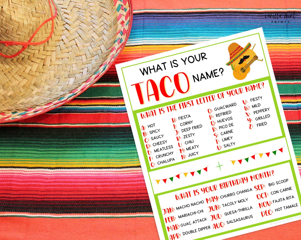 Whats Your Taco Name Game Cinco De Mayo Mexican Party Games - Etsy