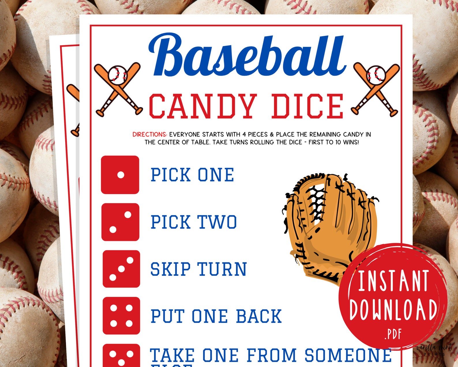 Baseball Candy Dice Game | Printable Baseball Team Party Games | MLB ...