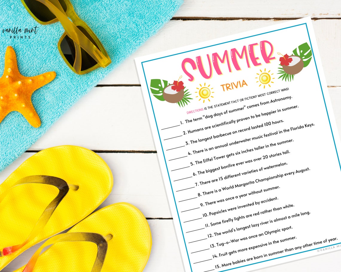 Summer Trivia Game Printable Summertime Games Party Games - Etsy