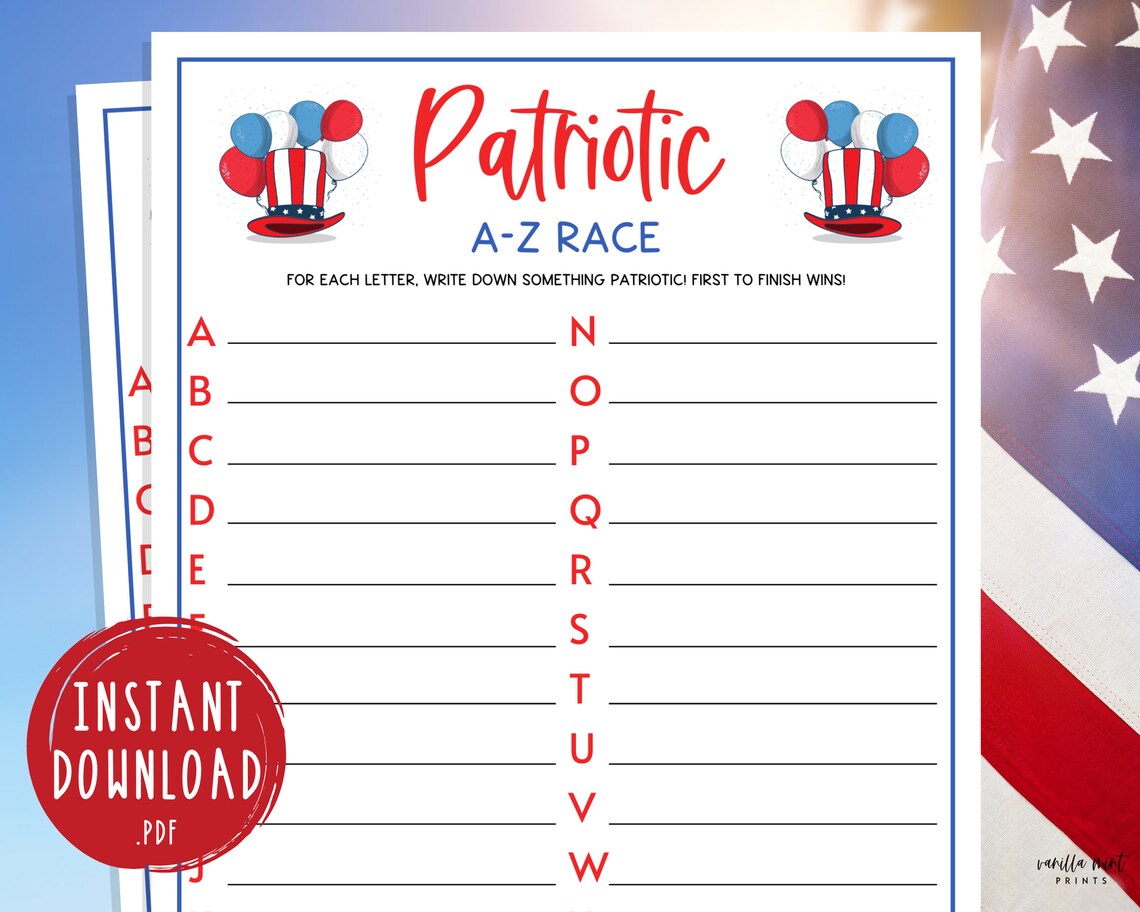 Patriotic A - Z Word Puzzle Game | Printable Memorial Day Party Games ...