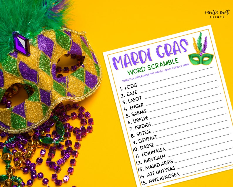 Mardi Gras Word Scramble Game Fat Tuesday Party Games - Etsy