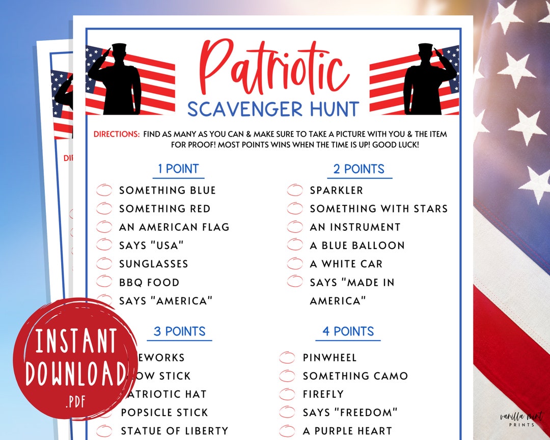 Patriotic Scavenger Hunt Game | Printable Memorial Day Party Games ...