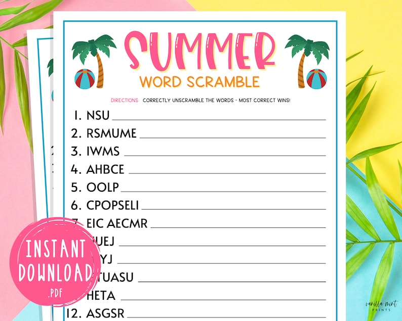 Summer Word Scramble Game Printable Summertime Games Party - Etsy