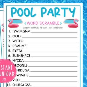Pool Party Word Scramble Game | Fun Printable Summertime Party Games ...