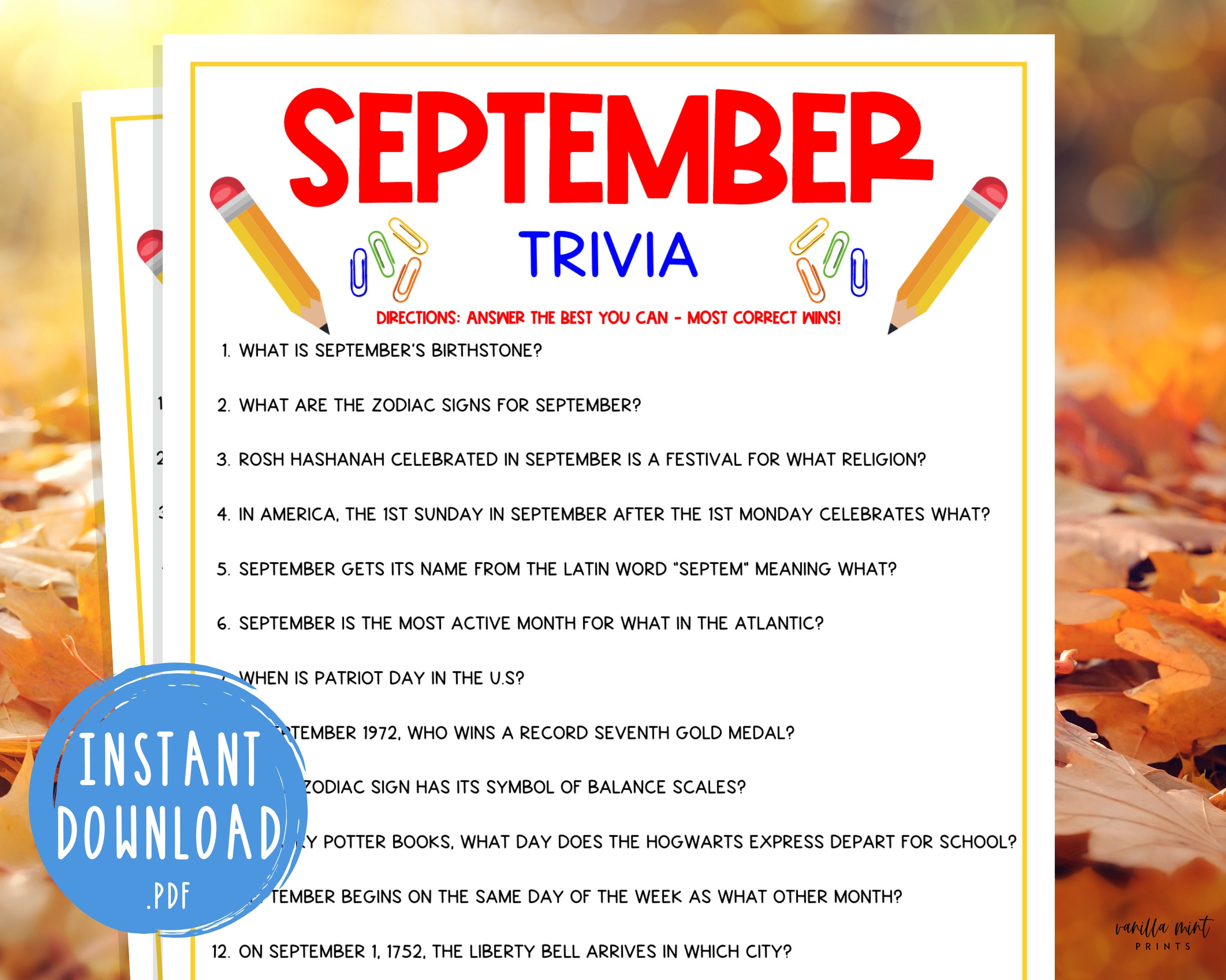 September Trivia Game | Printable Month Party Games | Fall Activities ...